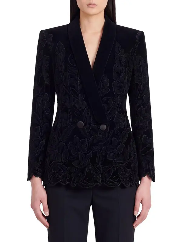Balmain Double-breasted Velvet Blazer With Floral Embroidery And Shawl Collar - Black