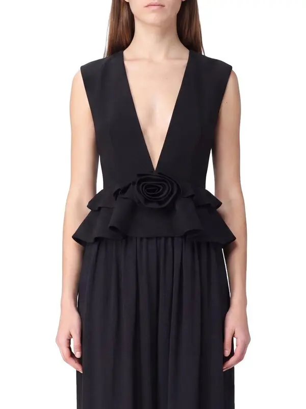 ROTATE BY BIRGER CHRISTENSEN Sleeveless Evening Top With Ruffles And Floral Appliqu - Black