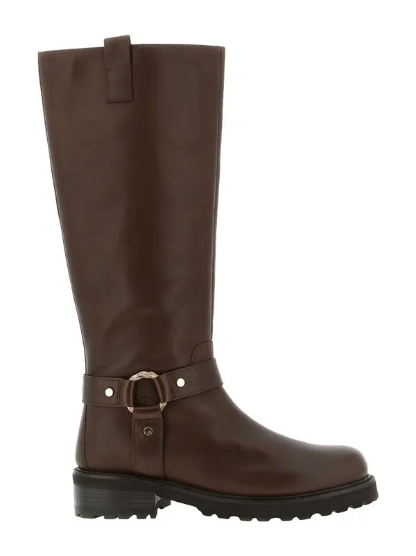 TWINSET Knee-high Leather Biker Boots With Lug Sole - Brown