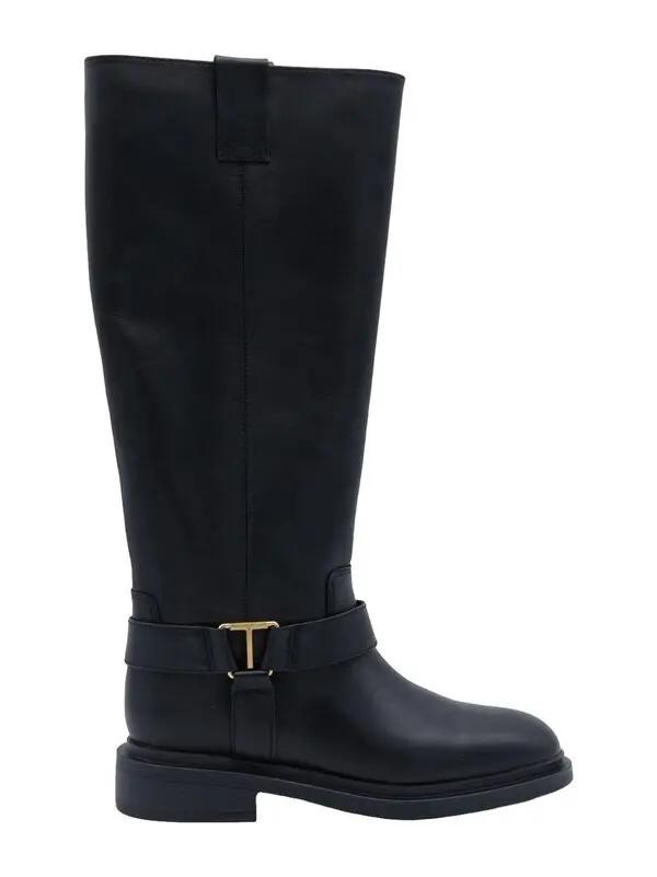 TWINSET Knee-high Smooth Leather Biker Boots With Double Pull-tabs - Black
