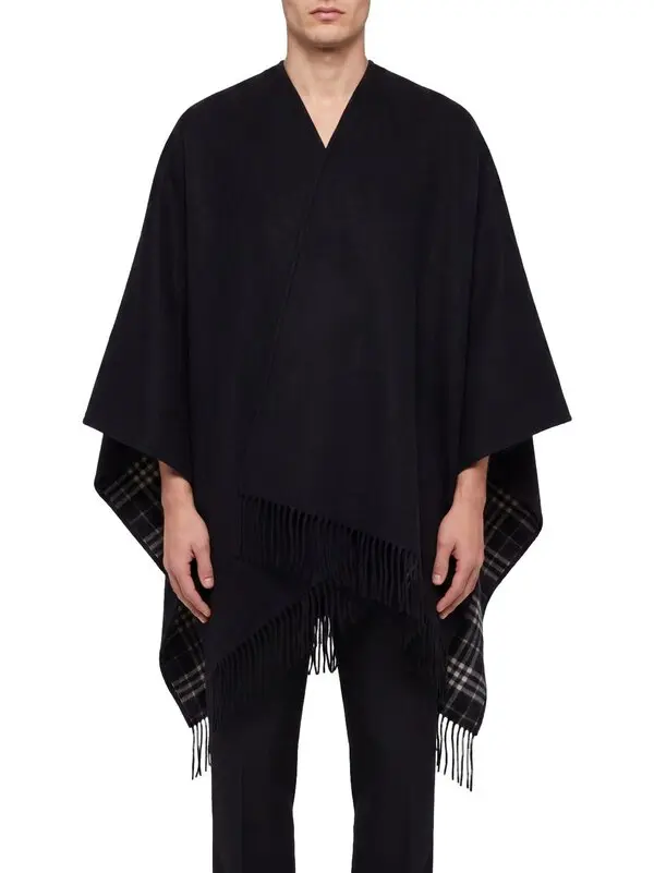 Burberry Asymmetrical Wool Cape With Fringed Edges - Black
