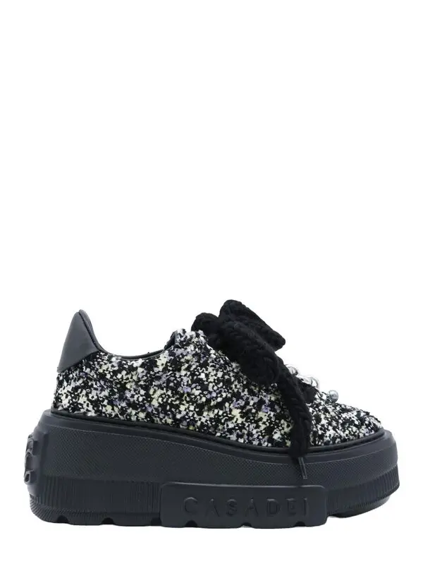 Casadei Abstract Pattern Tweed Platform Sneakers With Wedge Sole - Black