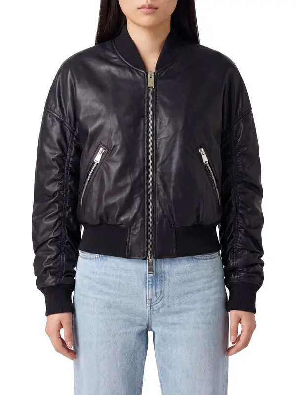 DONDUP Cropped Synthetic Leather Bomber Jacket - Black