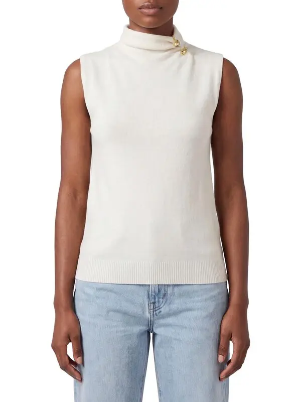 Alberta Ferretti Sleeveless Silk And Cashmere Mock Neck Top With Studs - White