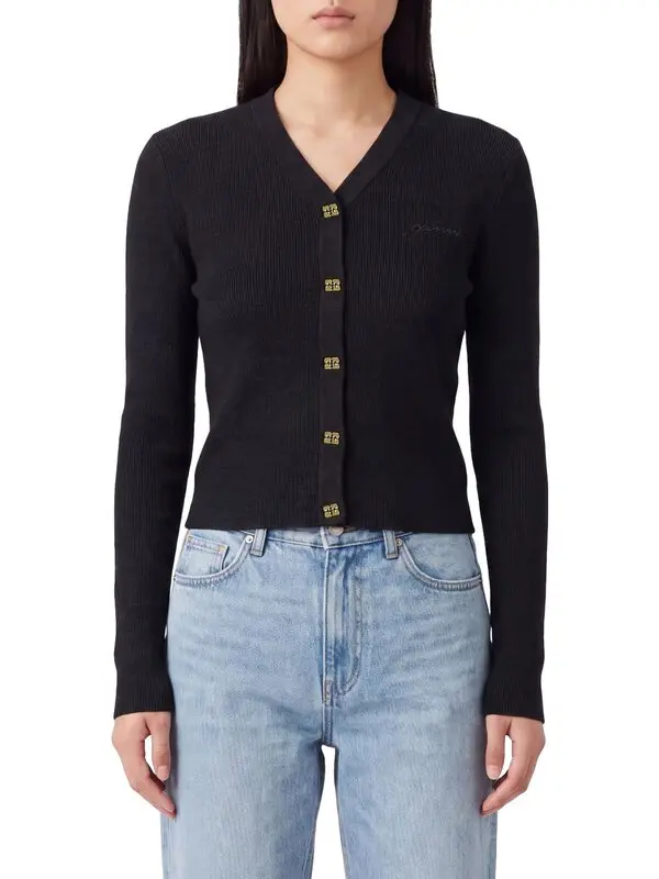GANNI Slim Fit V-neck Merino Wool Cardigan With Embroidered Butterfly Logo - Black