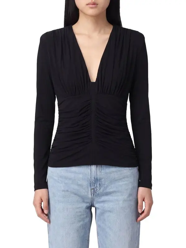 Sportmax Draped Viscose Evening Top With Deep V-neck And Long Sleeves - Black