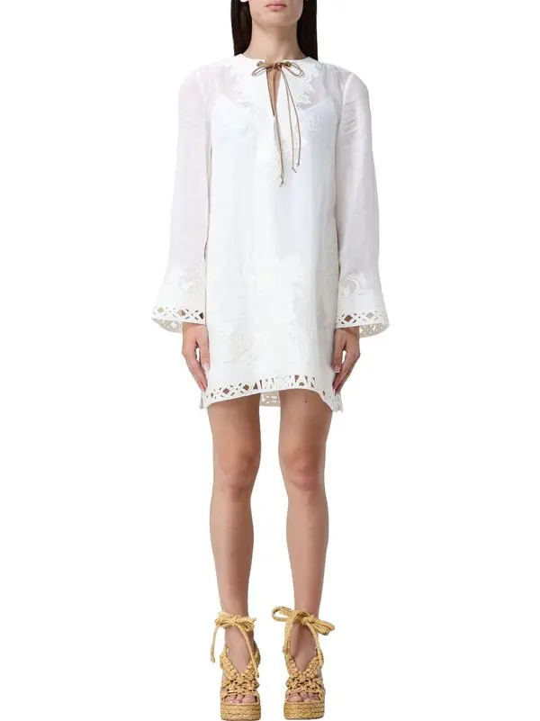 Zimmermann Embroidered Ramie Mini Tunic With Lace Inserts - Ivory