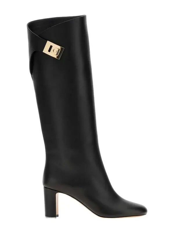 FERRAGAMO Smooth Calfskin Knee-high Boots With High Block Heel - Black