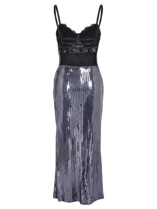 MODENAIRE Sequin Maxi Dress With Lace Bustier And Open Back - Black