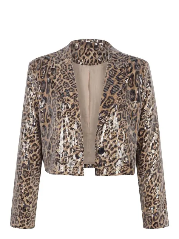 MODENAIRE Cropped Leopard Print Sequin Blazer - Brown