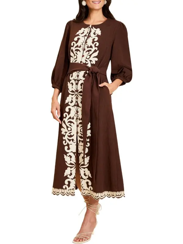 Mestiza New York Embroidered Button-front Midi Dress - Brown