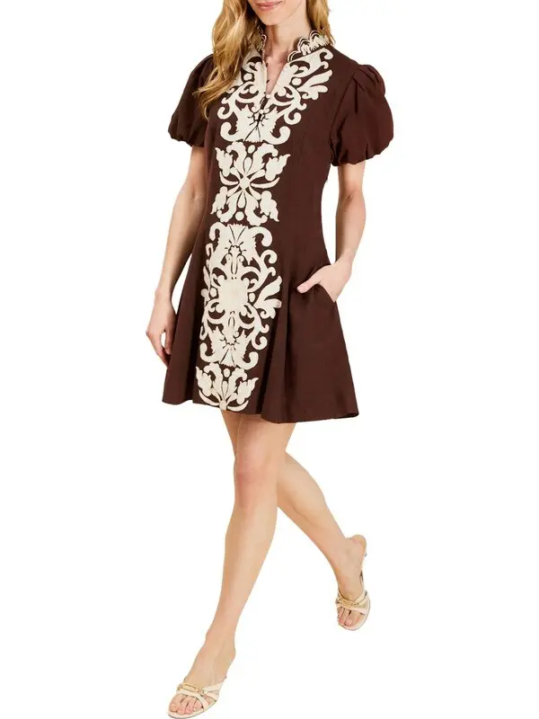 Mestiza New York Flavia Embroidered Puff-sleeve Mini Dress - Brown
