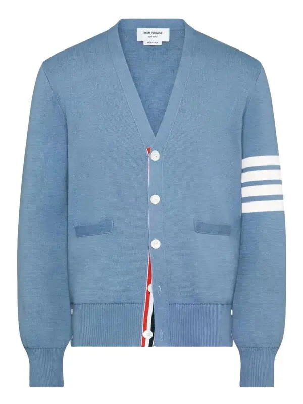 Thom Browne Cotton Crepe V-neck Cardigan With Grosgrain Trim - Blue