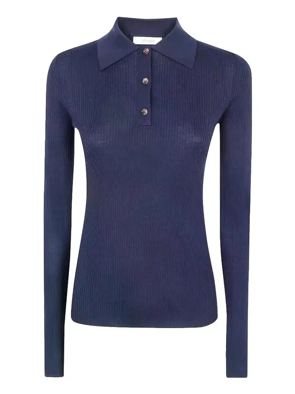 JCSOPHIE Ribbed Knit Long Sleeve Polo Sweater - Blue