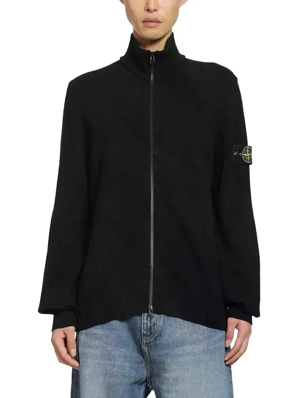 Stone Island Logo Patch Zip-up Cardigan - Black