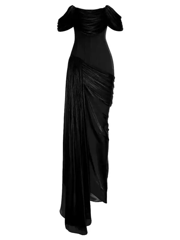 V:PM ATELIER Fatima Off-the-shoulder Draped Maxi Dress - Black