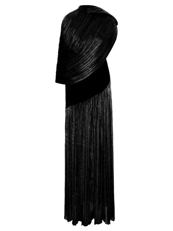 V:PM ATELIER Dusty Pleated Cape Maxi Dress - Black
