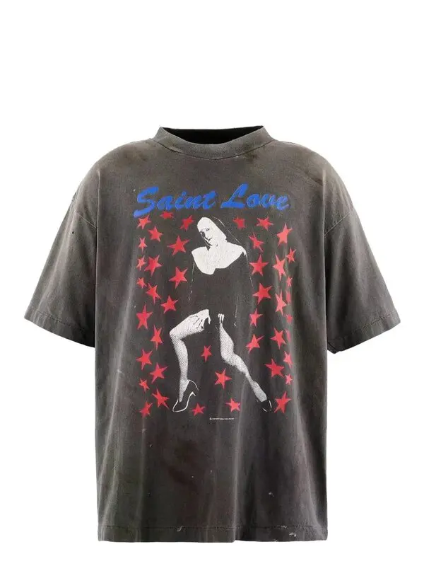 SAINT MXXXXXX Graphic-print Distressed T-shirt - Grey