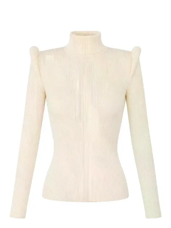 Elisabetta Franchi Ribbed Knit Turtleneck Top With 3d Shoulder Detail - Neutrals