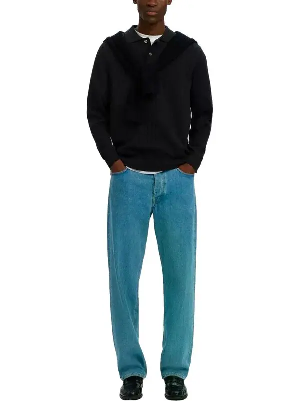 SELECTED Ribbed-knit Polo Sweater - Black