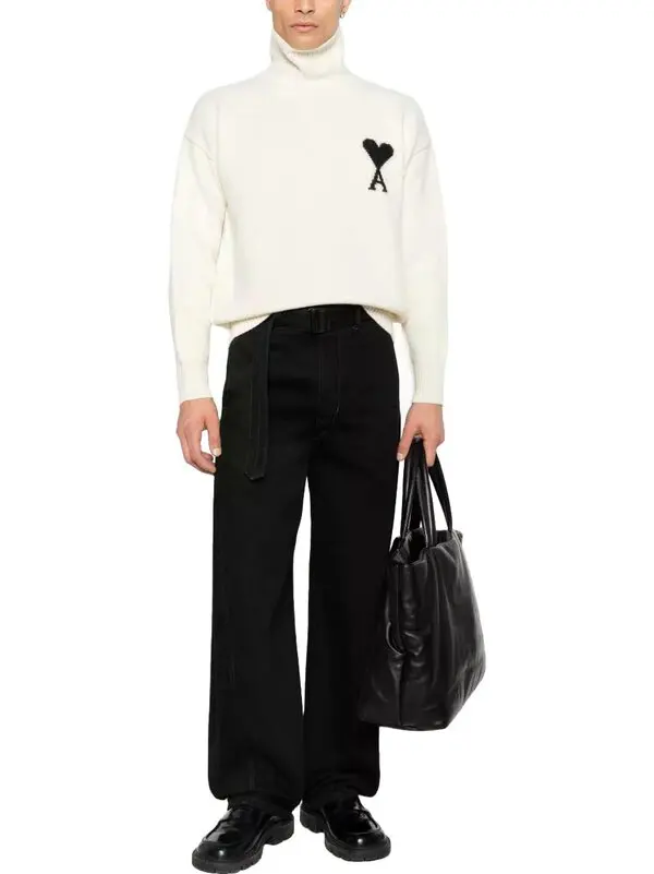 AMI Paris De Coeur Intarsia Knit Wool Sweater - Neutrals
