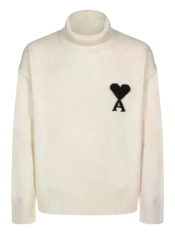 AMI Paris De Coeur Intarsia Knit Wool Sweater - Neutrals