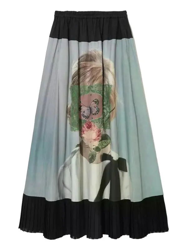 Undercover Graphic Print Pleated Hem Skirt - Black