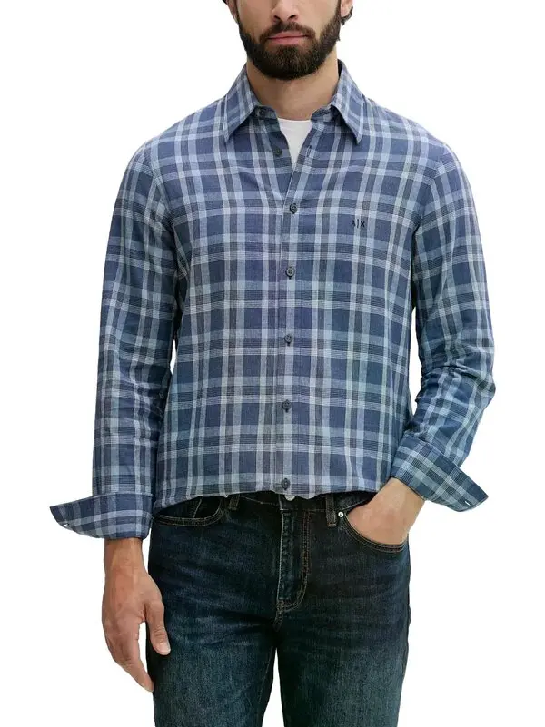 Armani Exchange Check-pattern Logo-embroidered Shirt - Blue