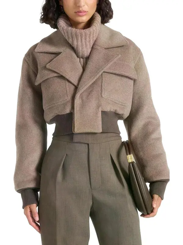 Manière De Voir Taupe Wool Cropped Bomber Jacket With Wide Lapels - Neutrals