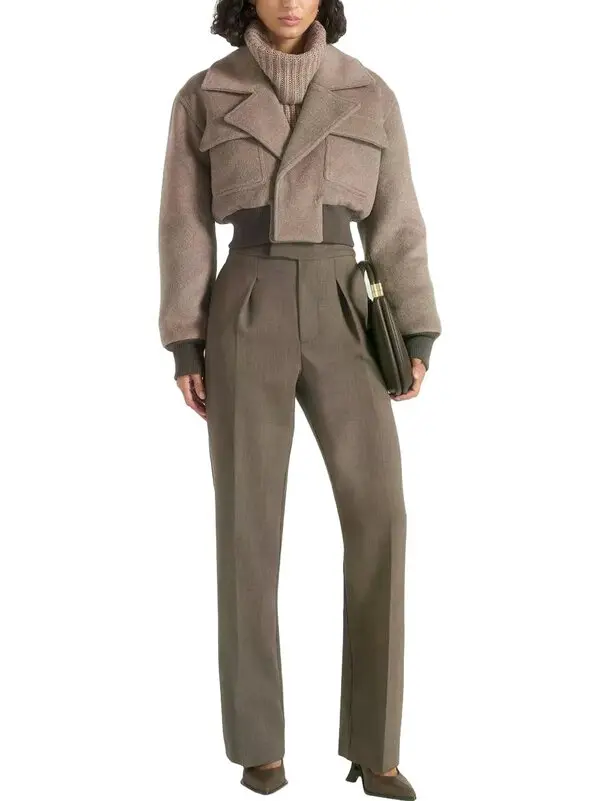 Manière De Voir Taupe Wool Cropped Bomber Jacket With Wide Lapels - Neutrals