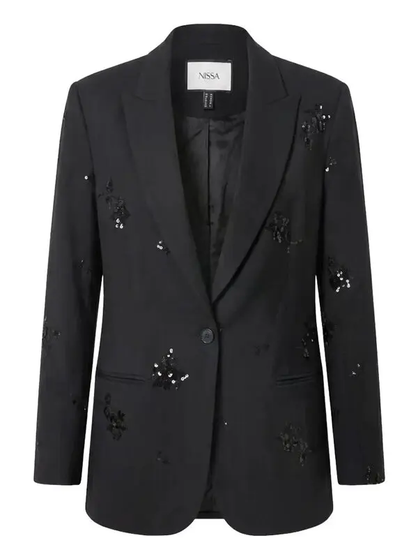 NISSA Sequin Embellished Floral Appliqué Blazer - Black