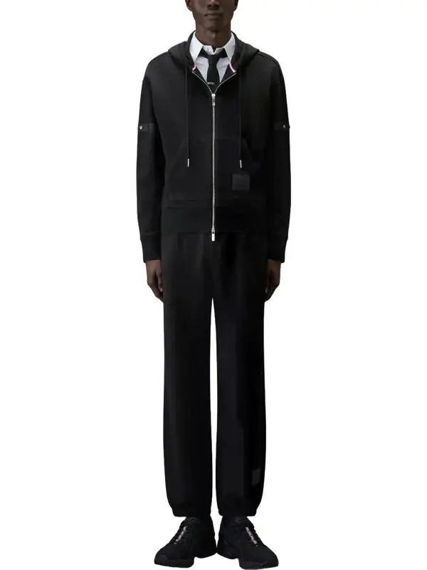 Thom Browne Loopback Jersey Zip-up Hoodie With Signature Armbands - Black