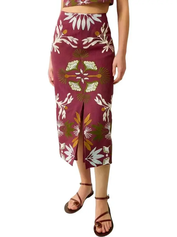 MARIE OLIVER Meara Embroidered Midi Skirt - Red