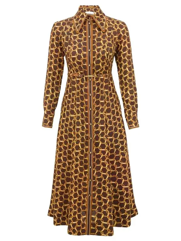 Zimmermann Chain-print Belted Midi Dress - Brown
