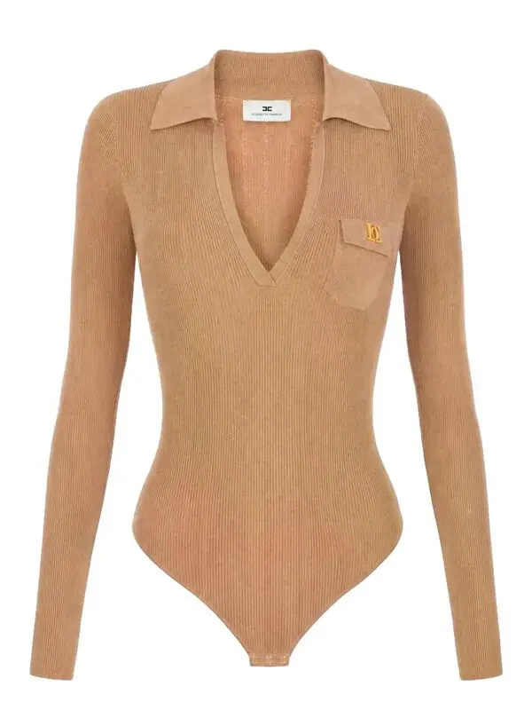 Elisabetta Franchi Knit Bodysuit With Openwork Embroidery And Logo Detail - Neutrals