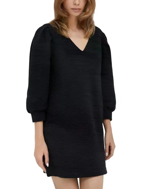 Sisley Ribbed Puff-sleeve Mini Dress - Black