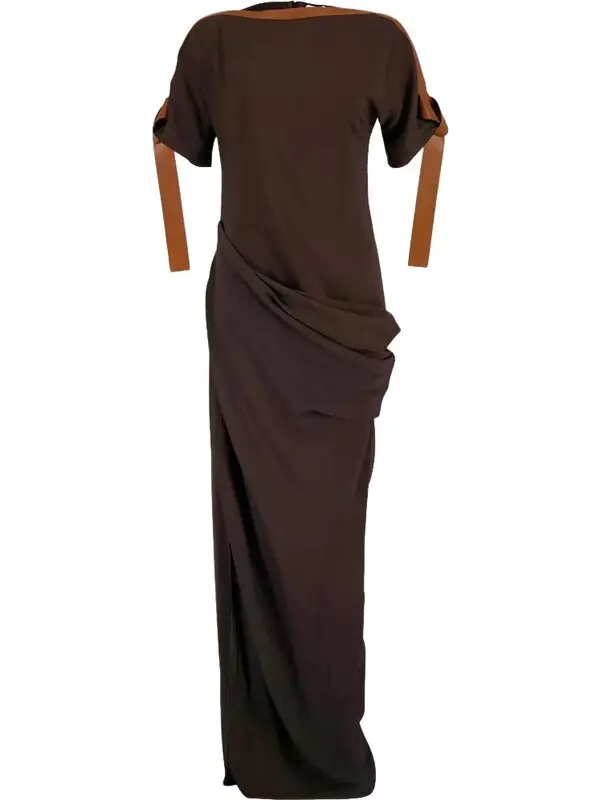 FERRAGAMO Long Viscose Dress With Knotted Leather Inserts - Brown