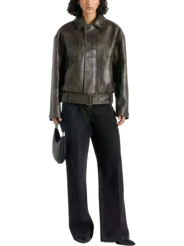 Manière De Voir Ezra Leather Belted Bomber Jacket - Brown