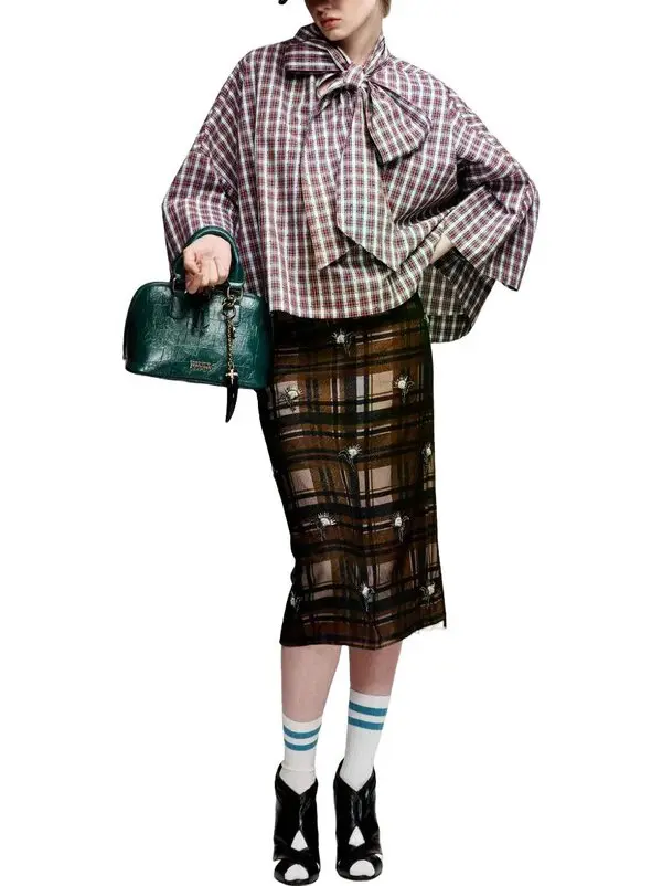 Essentiel Antwerp Checked Floral Embellished Midi Skirt - Brown
