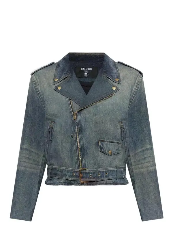 Balmain Belted Biker-style Denim Jacket - Blue
