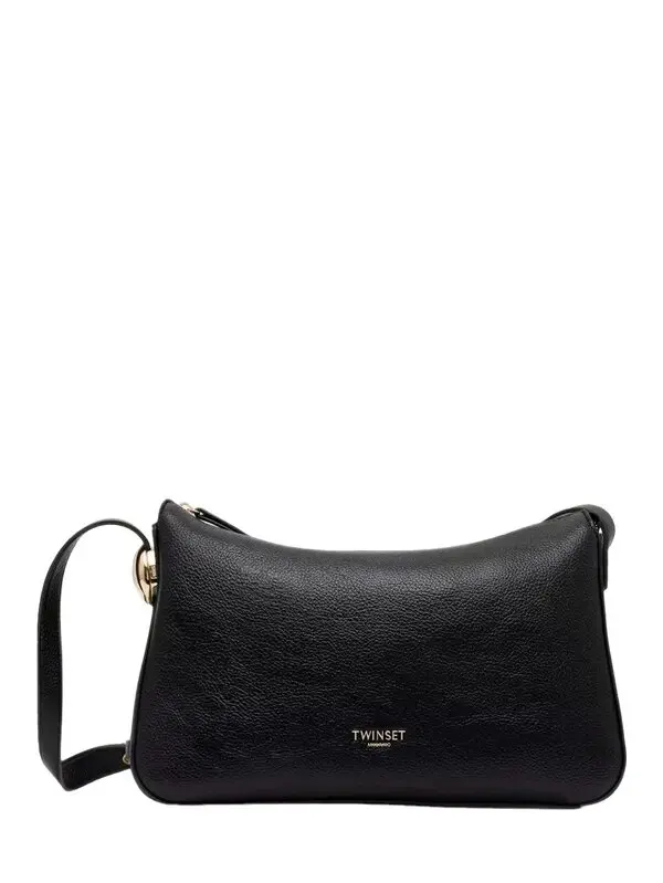 TWINSET Logo Plaque Leather Shoulder Bag - Black