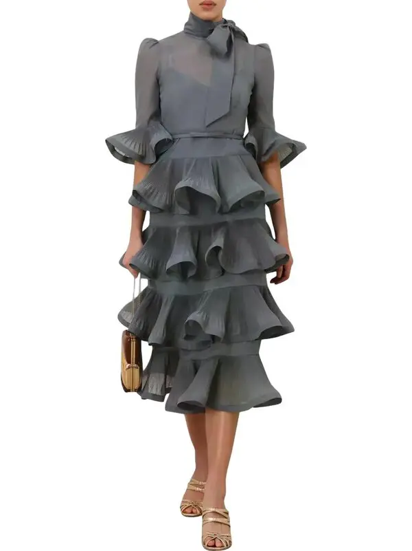 Zimmermann Pleated Ruffled Midi Dress - Grey
