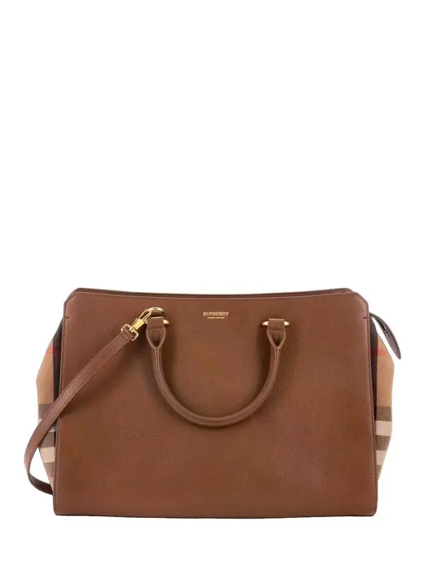 Burberry Banwell Leather And House Check Canvas Small Tote Bag - Brown