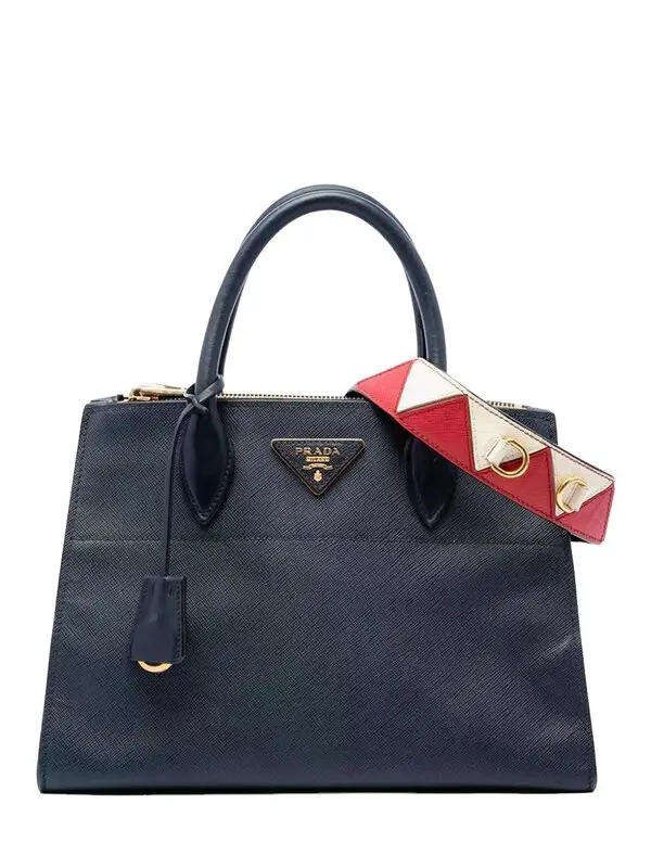 Prada City Calf Trimmed Saffiano Greche Paradigme Bag Satchel - Blue