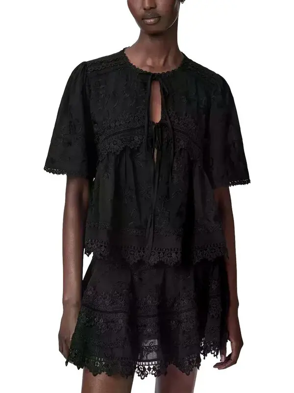 ALLSAINTS Lillith Embroidered Short-sleeve Blouse - Black