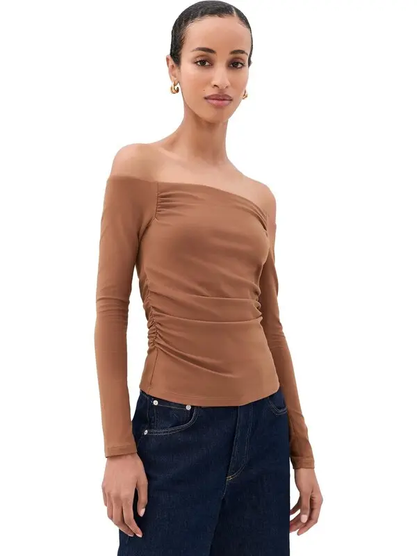 Susana Monaco Off-shoulder Gathered Long-sleeve Top - Toast