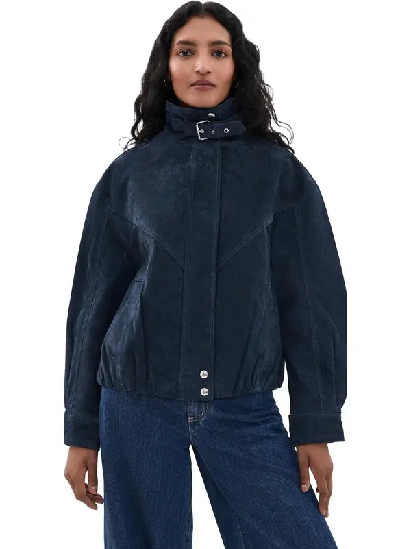Blanknyc Suede Jacket With Buckle Collar Detail - Navy