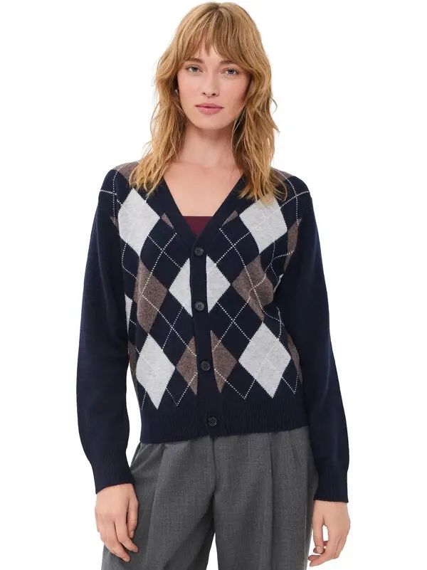 DUNST V-neck Argyle Cardigan - Navy