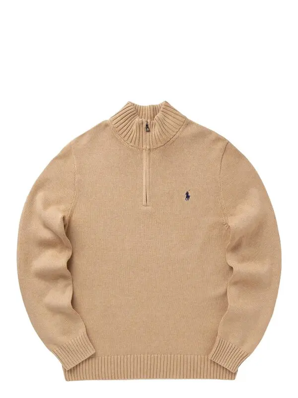 Polo Ralph Lauren Quarter Zip Ribbed Knit Sweater With Embroidered Pony - Camel
