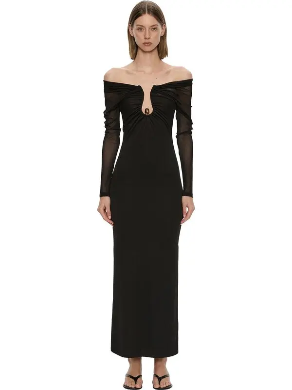 Christopher Esber Orbit Ruched Sheer Rib Column Dress - Black